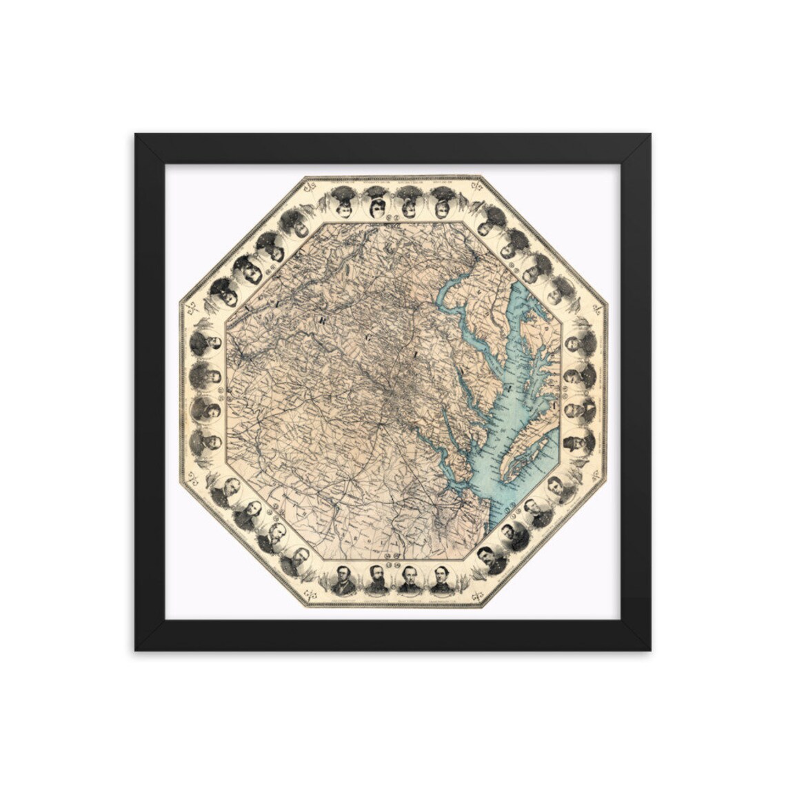 1860s Map of Virginia With Civil War Union Generals Octagonal Map of ...