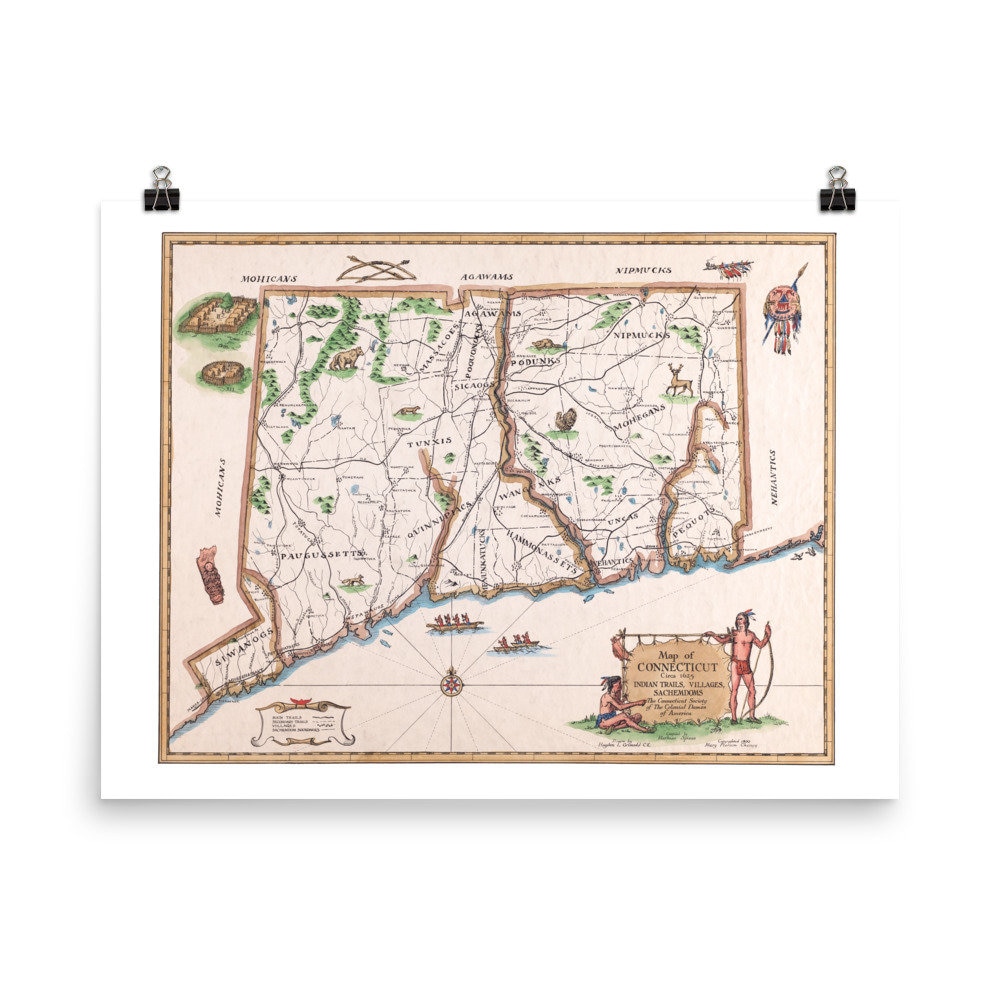 Connecticut Map Print, 1625 Indian Trails, Vintage Historic Art - Etsy