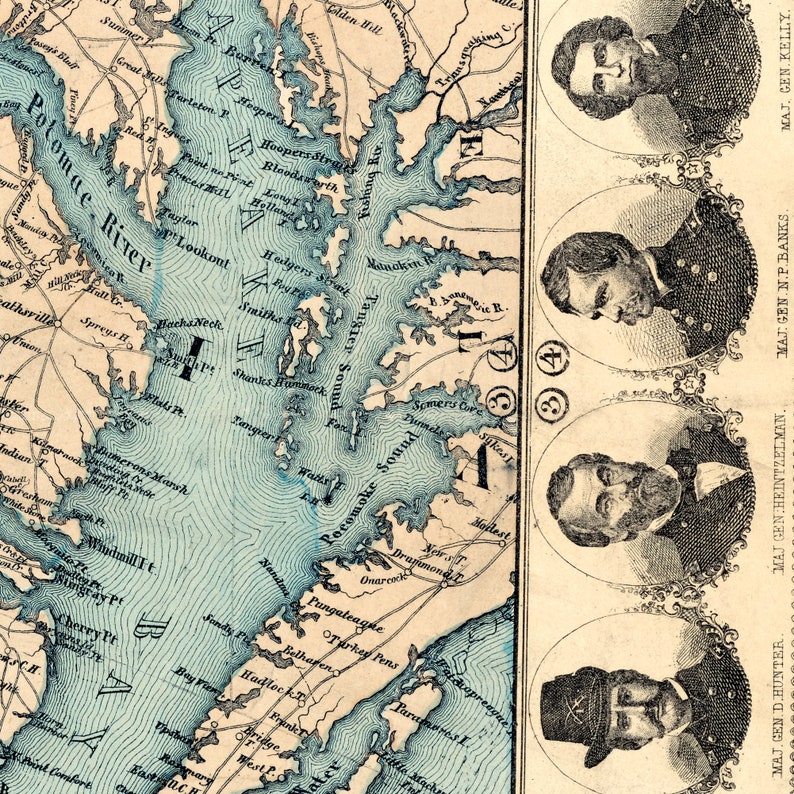 1860s Map of Virginia With Civil War Union Generals Octagonal Map of ...