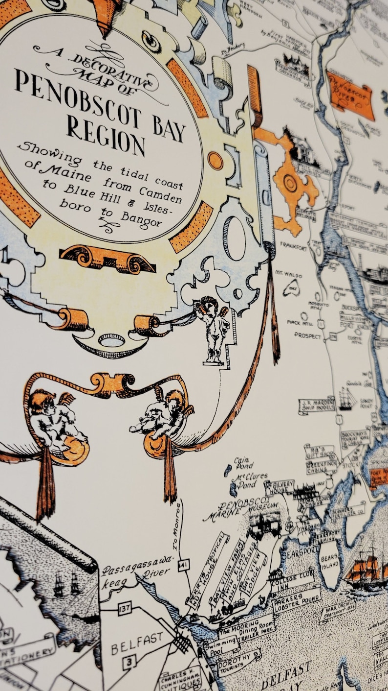 1940 Illustrated Map of Penobscot Bay Region Maine | Belfast, Bangor ...