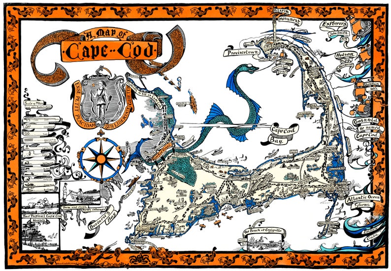 1926 Cape Cod Map Illustrated Map | Vintage Massachusetts Print With ...