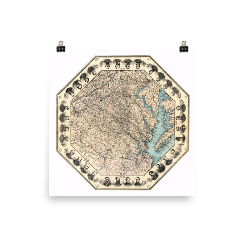 1860s Map of Virginia With Civil War Union Generals Octagonal Map of ...
