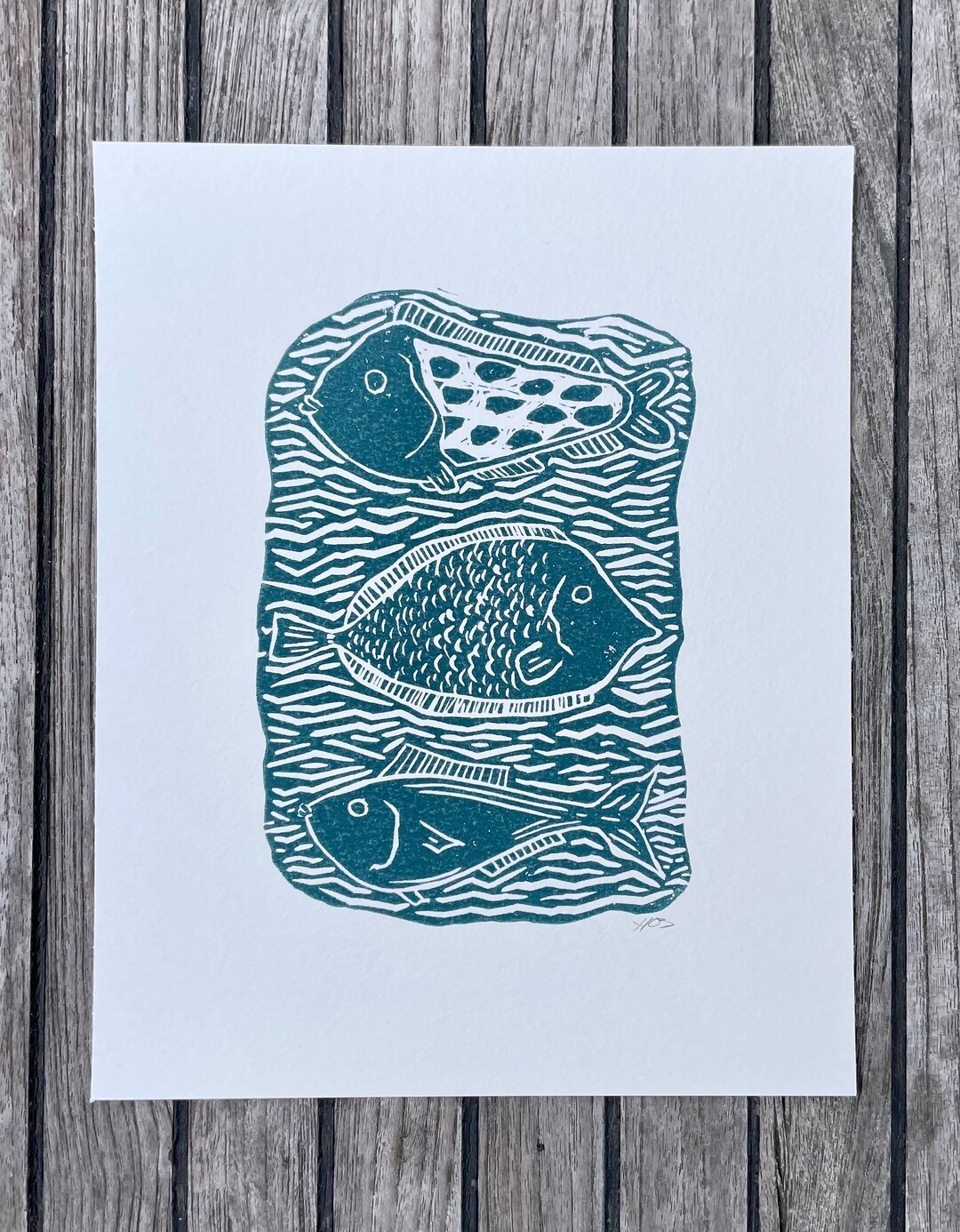 Three Fish Linocut Print - Etsy