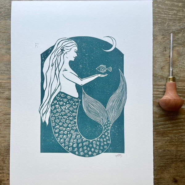 Mermaid Linocut - Etsy