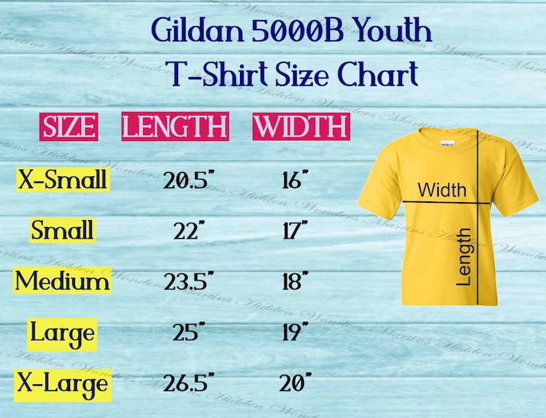 Gildan 5000B Youth T-shirt Colour Chart & Size Chart Template High Quality - Etsy