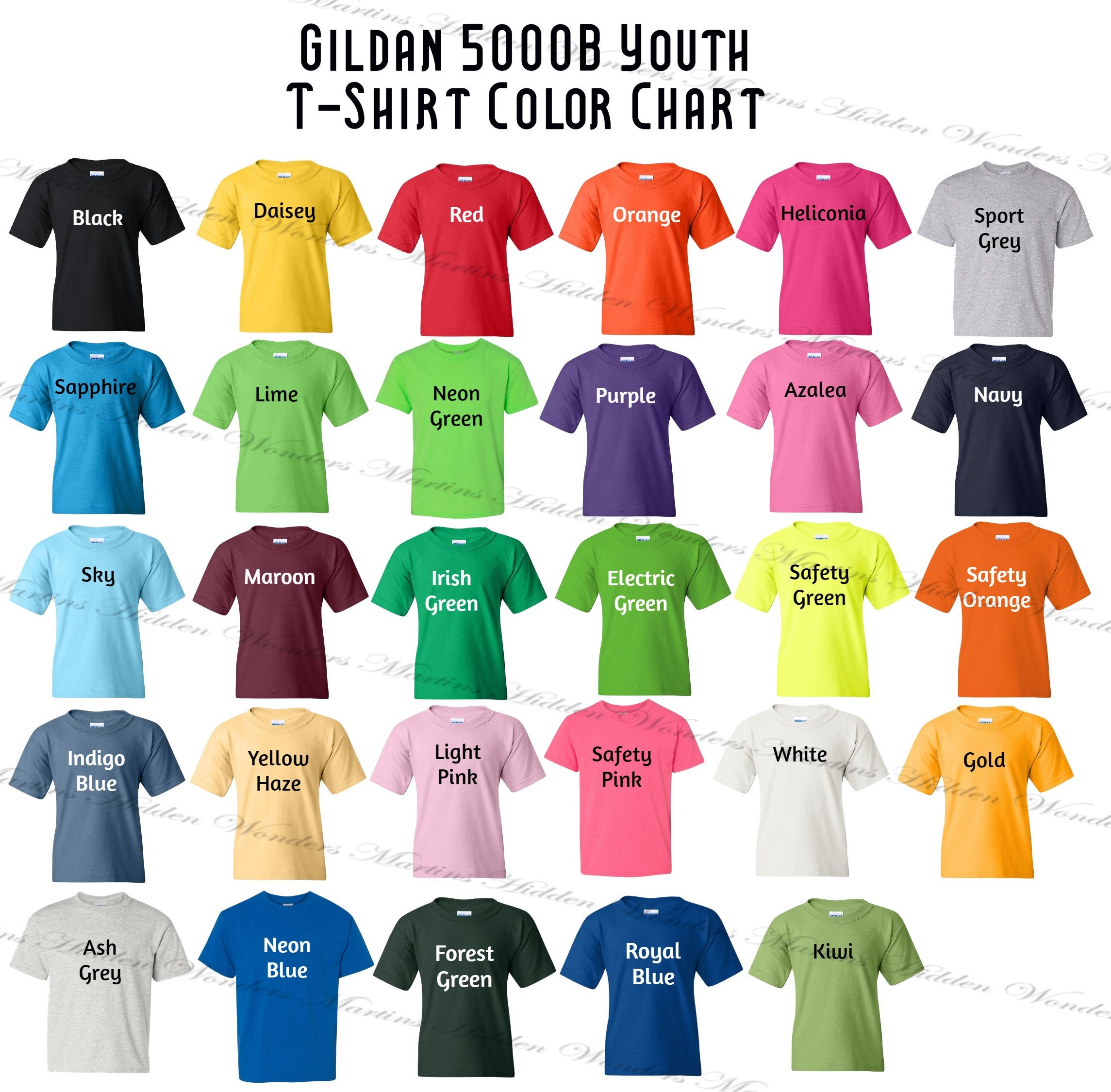Gildan 5000B Youth T-shirt Colour Chart & Size Chart Template High Quality - Etsy