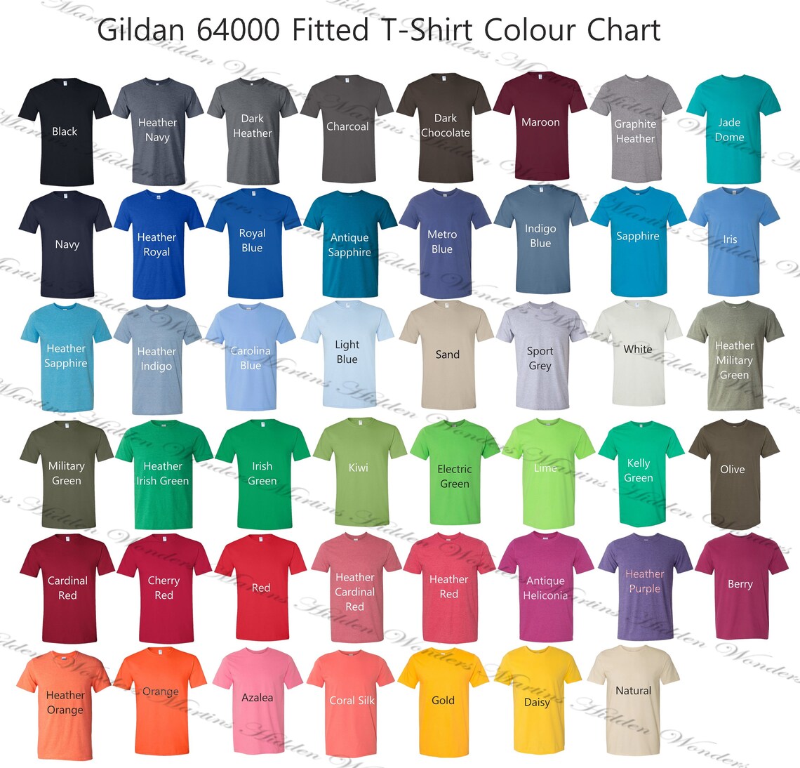 Gildan 64000 Fitted Men's T-shirt Adult Color Chart/size Chart- Colour ...