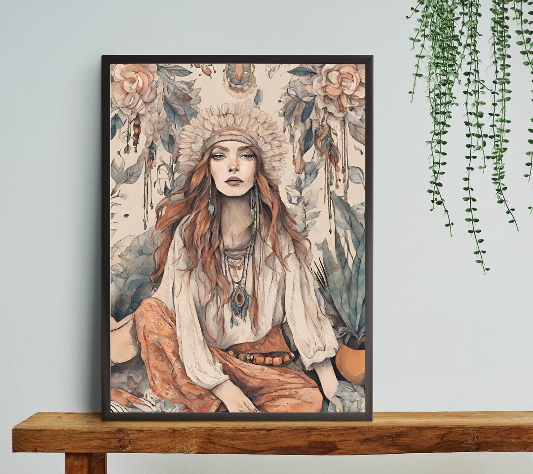 Boho Woman Print, Digital Download, Boho, Bohemian Art, Retro Print ...