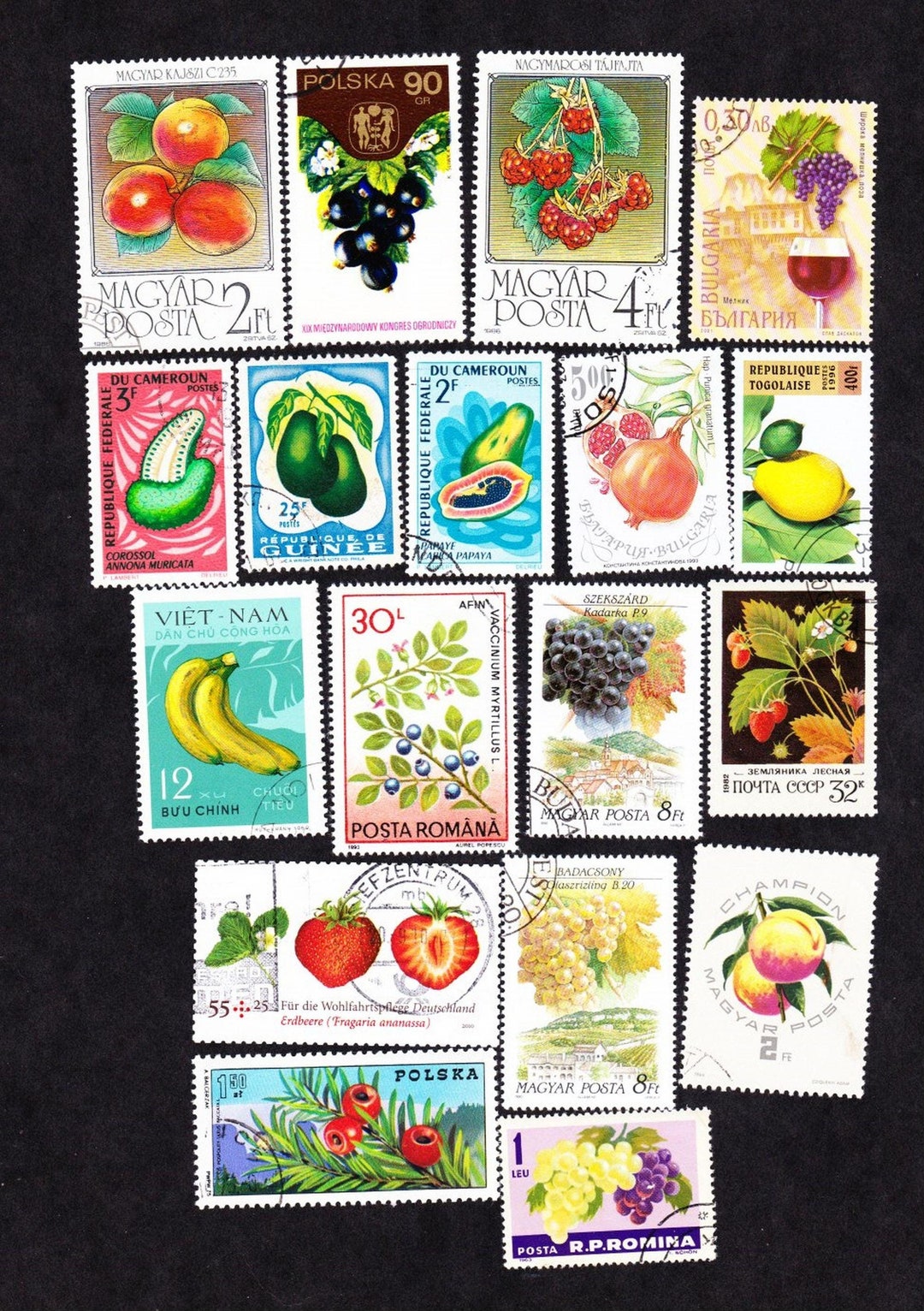 18 FRUITS & VEGETABLES and NUTS World Vintage Cancelled Postage Stamps ...