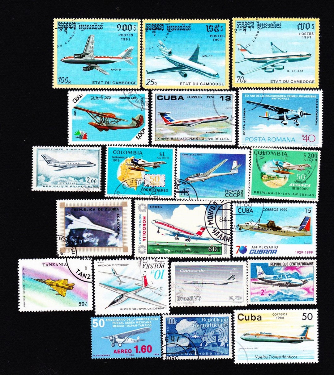 20 AIRPLANES AVIATION Vintage Used World Postage Stamps Collector Stamp ...