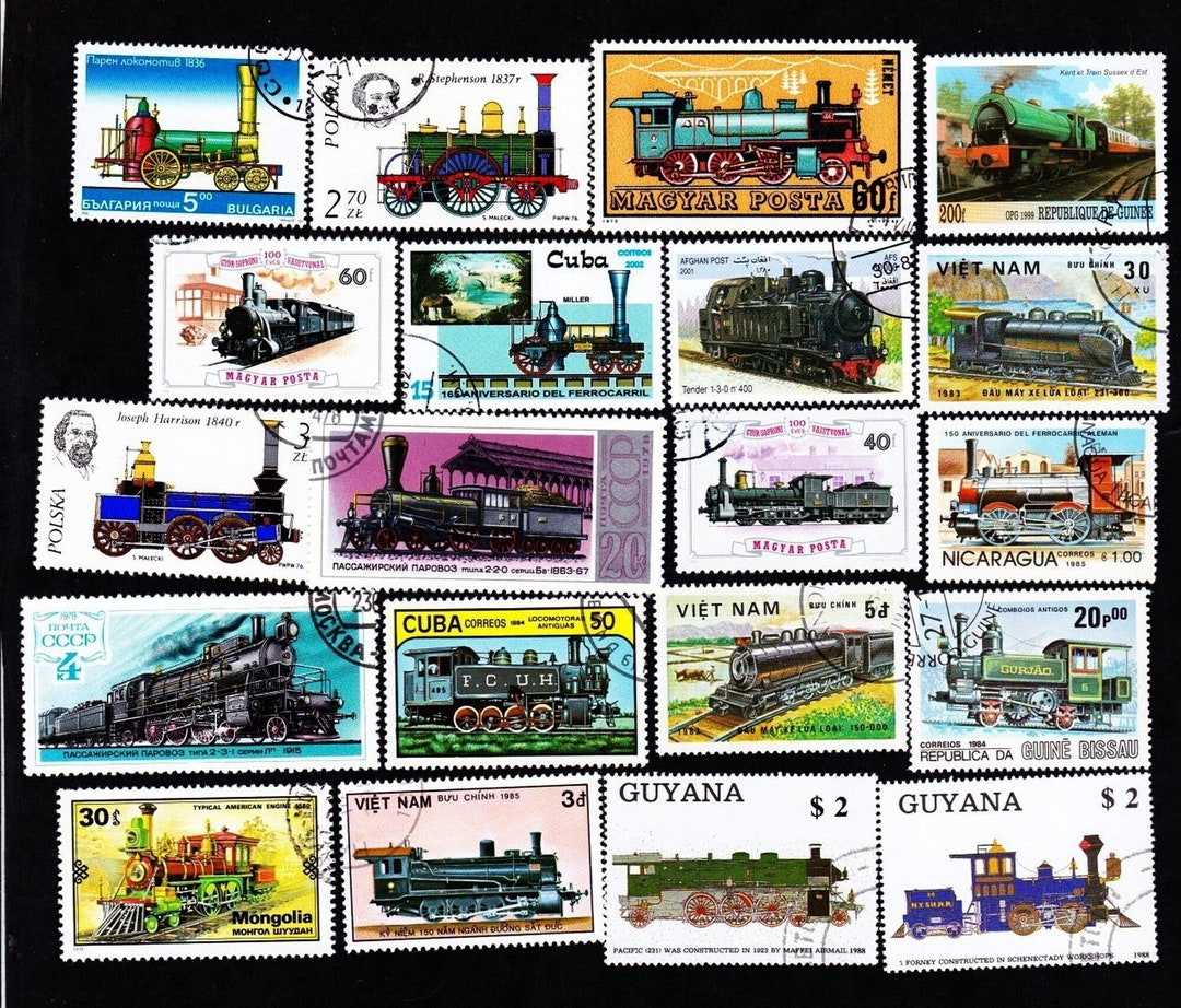 20 STEAM ENGINES and Antique Trains Vintage Used World Postage Stamps ...