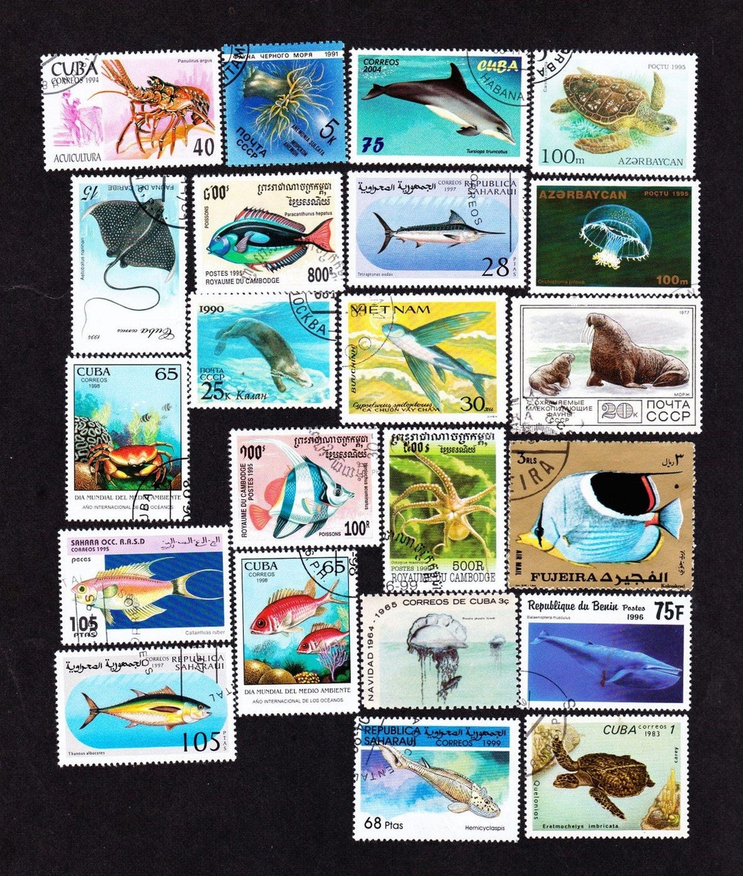 20 SEA LIFE Vintage Cancelled World Postage Stamps Collector Set Stamp ...