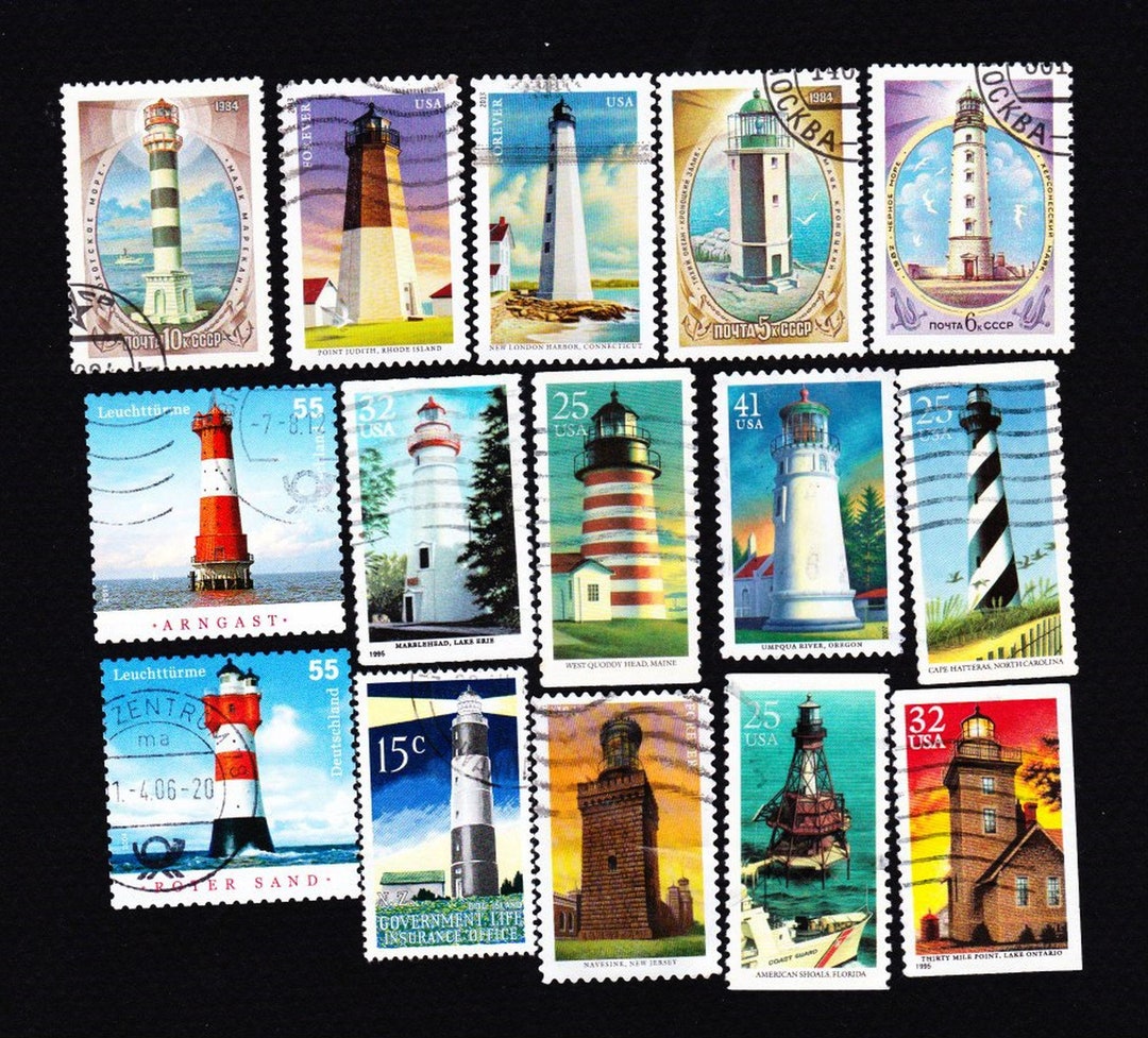 15 LIGHTHOUSES and Buoys Vintage Cancelled Postage Stamps Collector ...