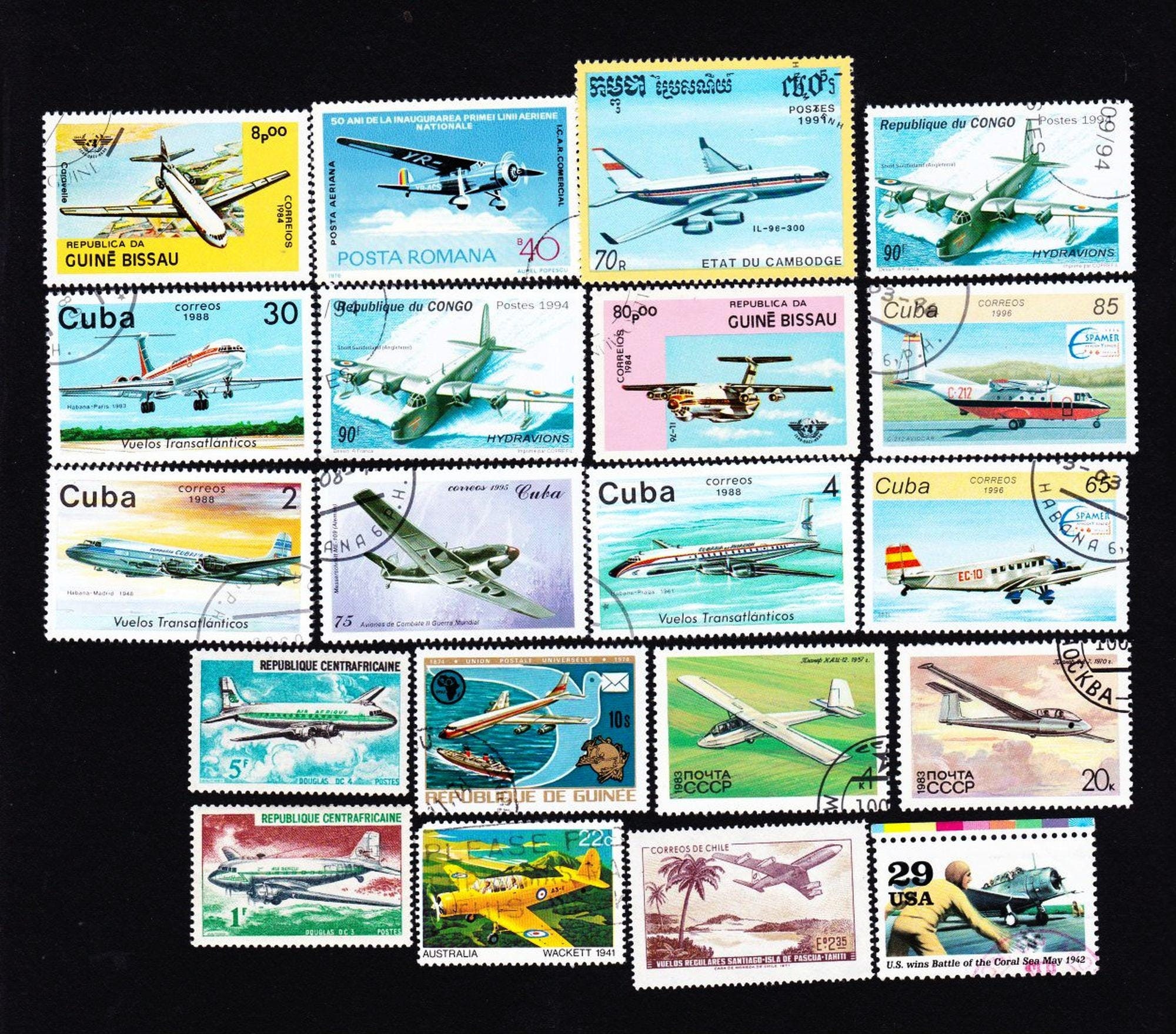 20 AIRPLANES AVIATION Vintage Used World Postage Stamps Collector Stamp ...