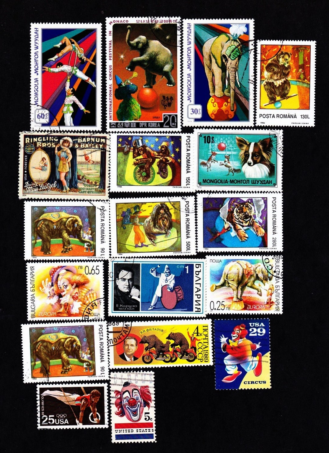 18 CIRCUS ANIMALS and Performers Vintage Cancelled World Postage Stamps ...