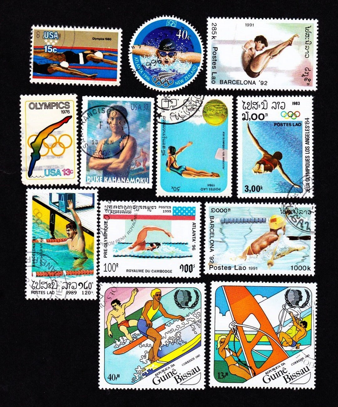 12 SWIMMING DIVING and Water Sports Vintage Used Cancelled Postage ...