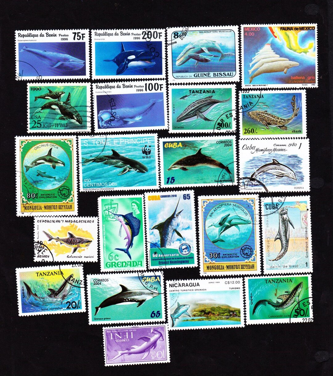 22 WHALES SHARKS PORPOISES Dolphins Vintage Used World Postage Stamps ...