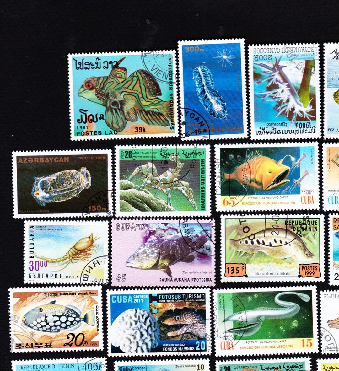 20 STRANGE SEA CREATURES Vintage Cancelled World Postage Stamps ...