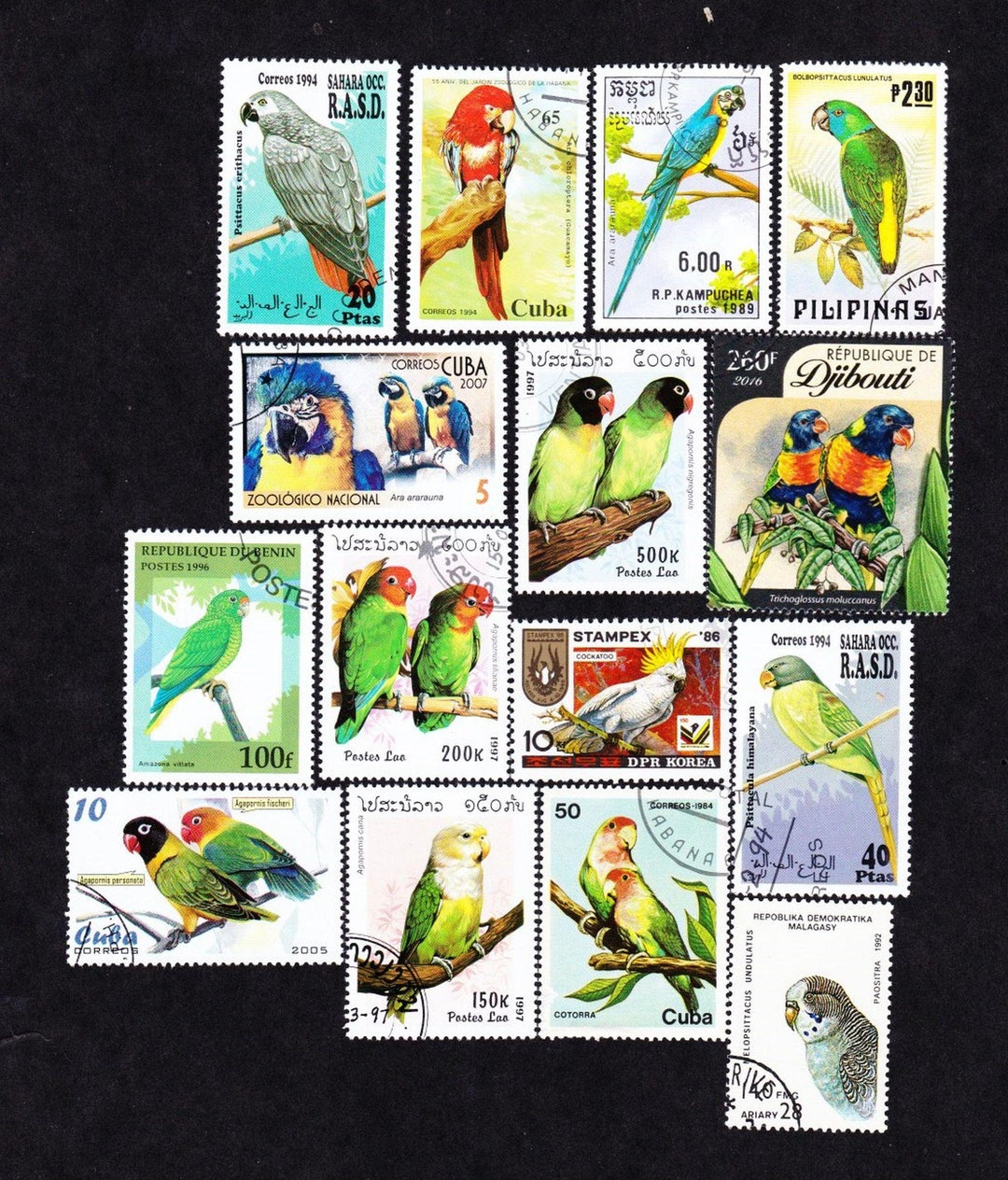 15 PARROTS PARAKEETS COCKATOO Macaw Vintage World Used Postage Stamps ...