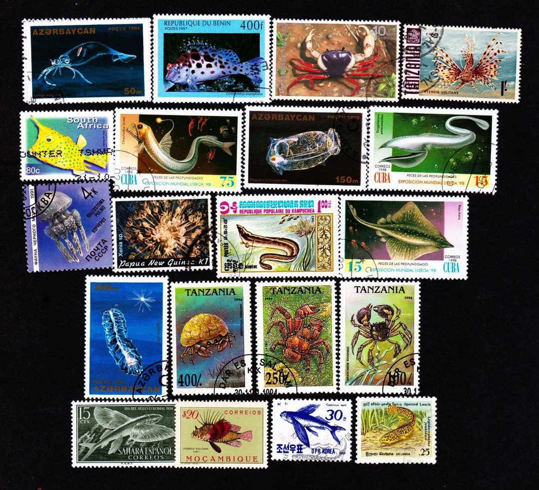 20 STRANGE SEA CREATURES Vintage Cancelled World Postage Stamps ...