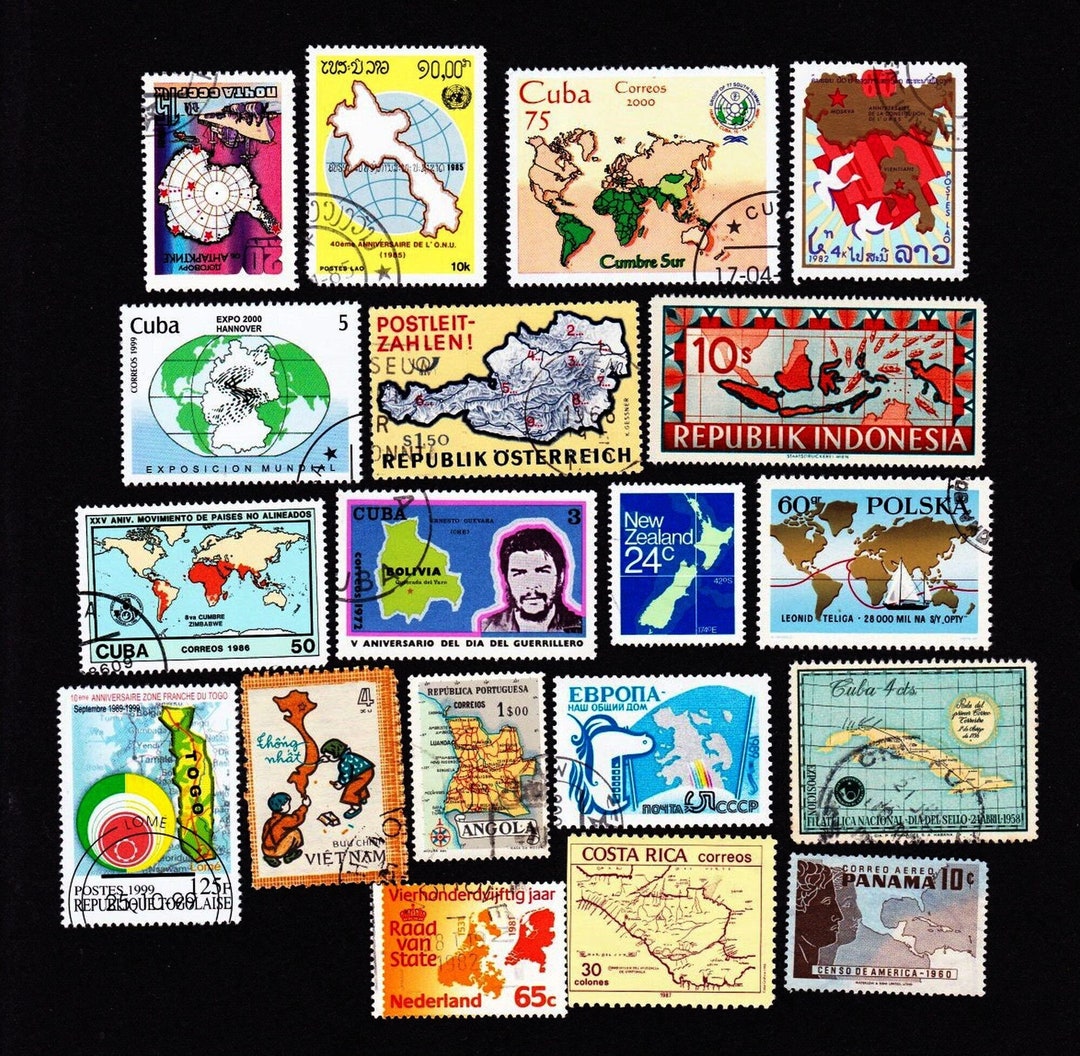 19 MAPS on STAMPS Vintage Cancelled World Postage Stamps Collector ...