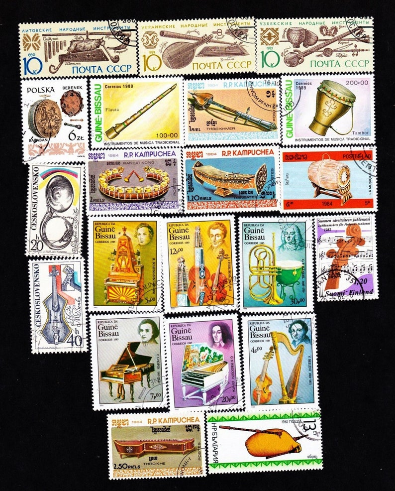 20 MUSICAL INSTRUMENTS of the World Vintage Cancelled World Postage ...