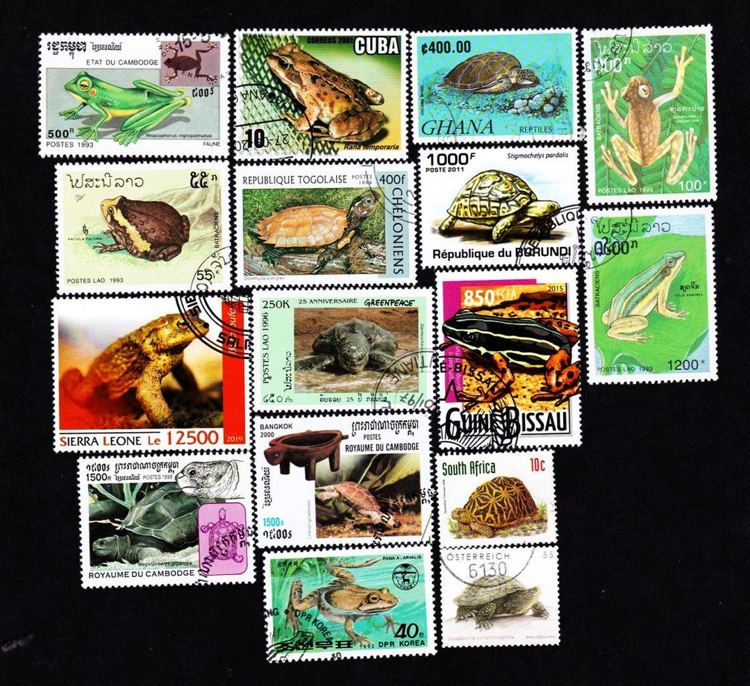 16 FROGS TURTLES Vintage Used World Postage Stamps Collector Stamp Art ...