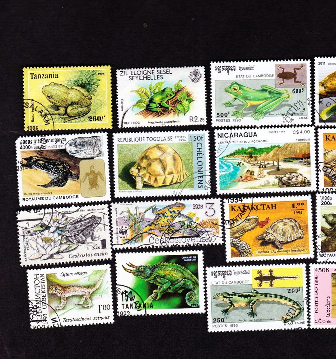 16 FROGS TURTLES and LIZARDS Vintage Cancelled Postage Stamps Collector ...