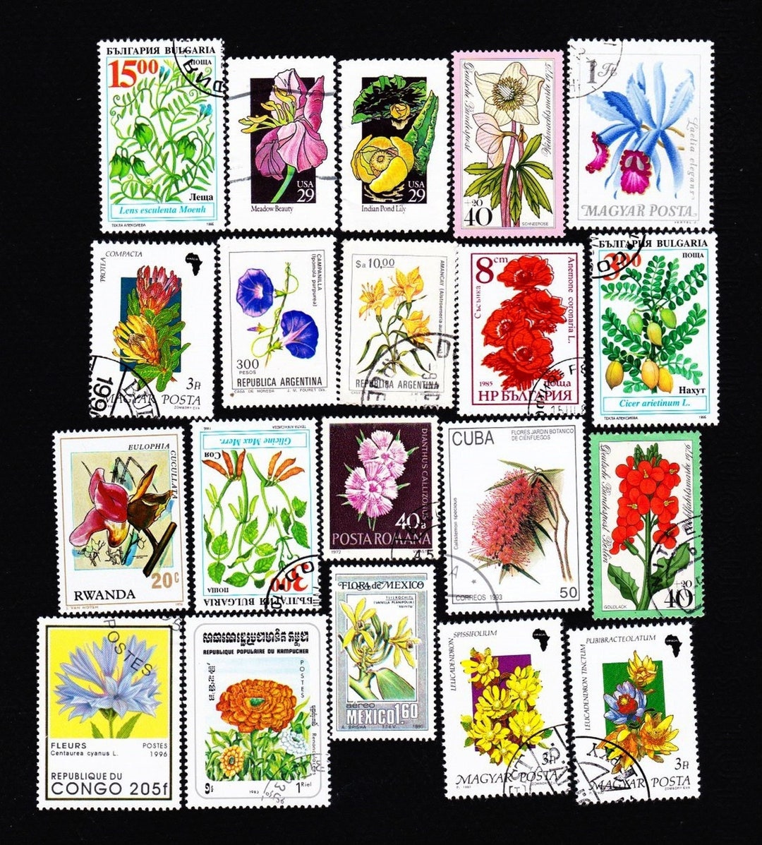 20 BOTANICAL ART Flowers Vintage Cancelled Postage Stamps Collector ...