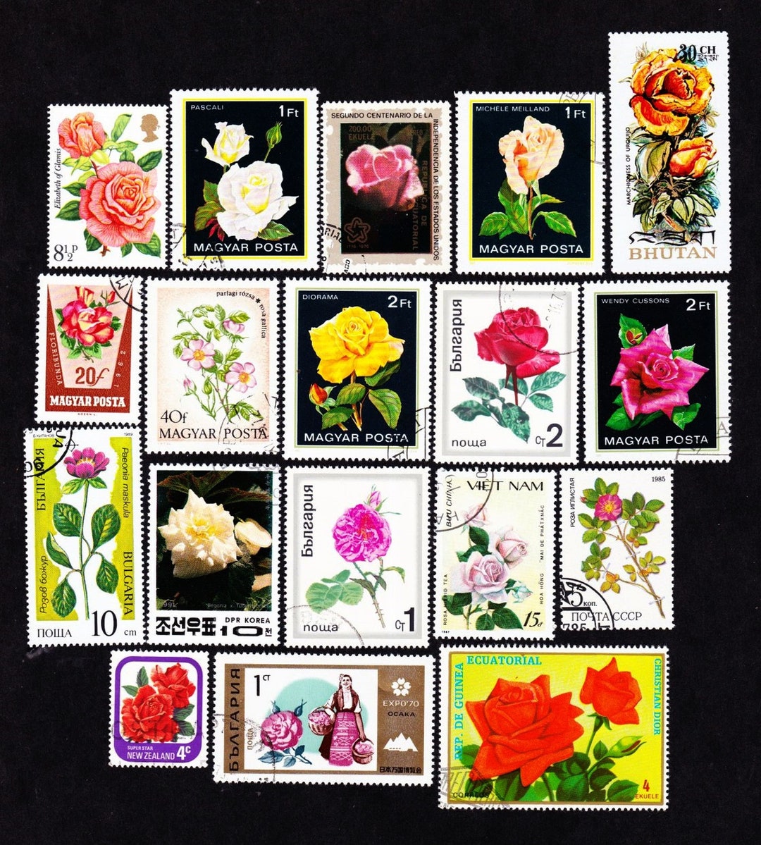 18 ROSES Vintage Cancelled World Postage Stamps Collector Set Makes a ...