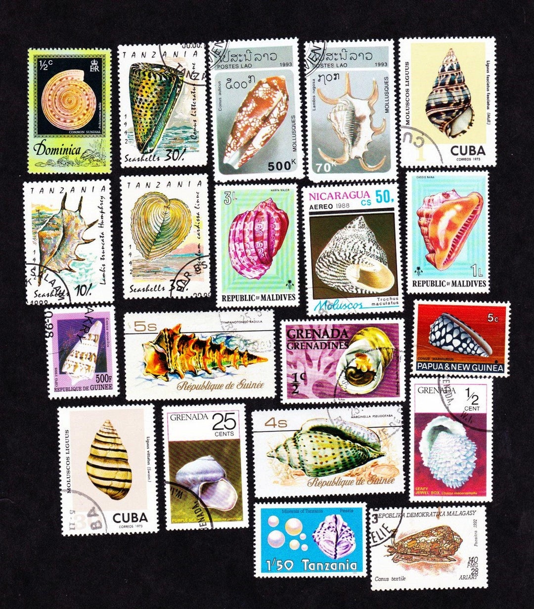 20 SEA SHELLS Vintage Cancelled World Postage Stamps Collector Set ...
