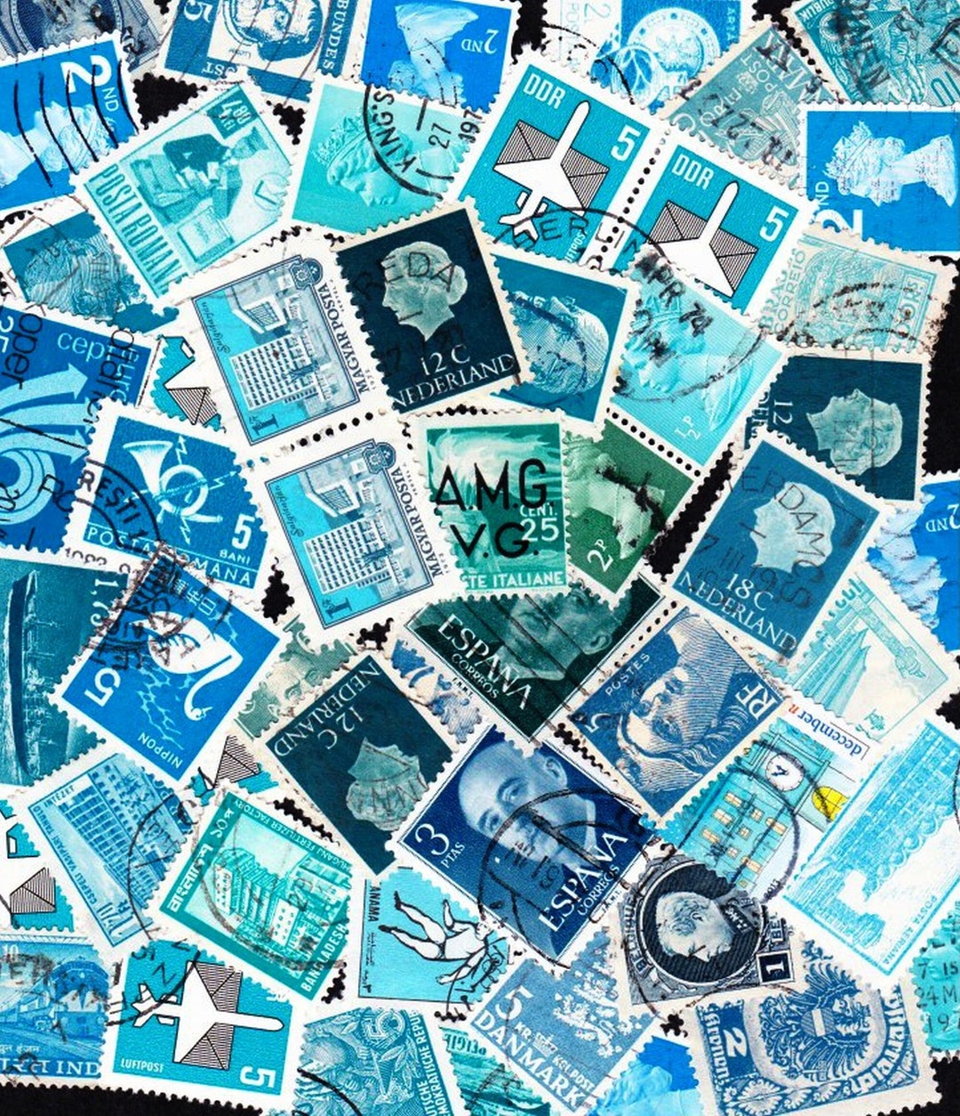 50 TURQUIOSE and TEAL Shades Vintage Cancelled Craft Stamps for ...