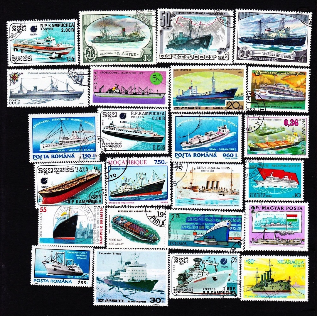 24 World SHIPS FREIGHT and CARGO Vintage Used Postage Stamps Collector ...