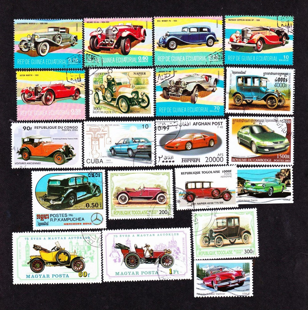 20 CLASSIC and ANTIQUE CARS Vintage Used World Postage Stamps Collector ...