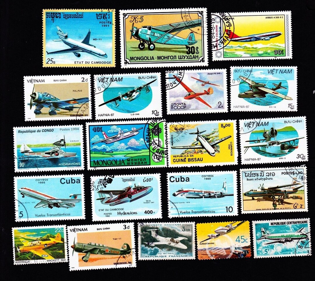 20 AIRPLANES AVIATION Vintage Used World Postage Stamps Collector Stamp ...