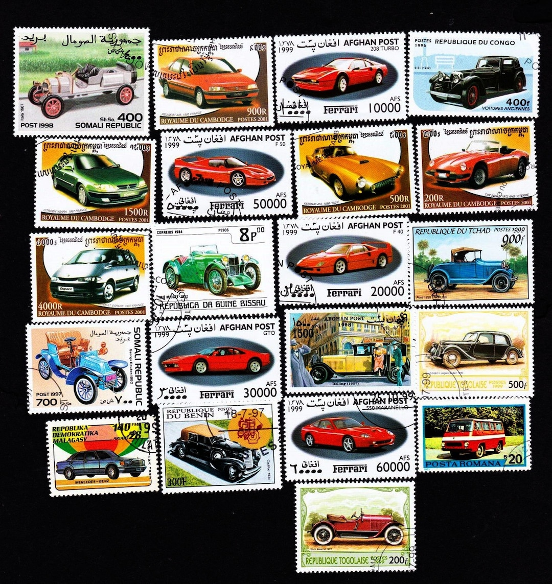 20 CLASSIC CARS Vintage Used World Postage Stamps Collector Set Stamp ...
