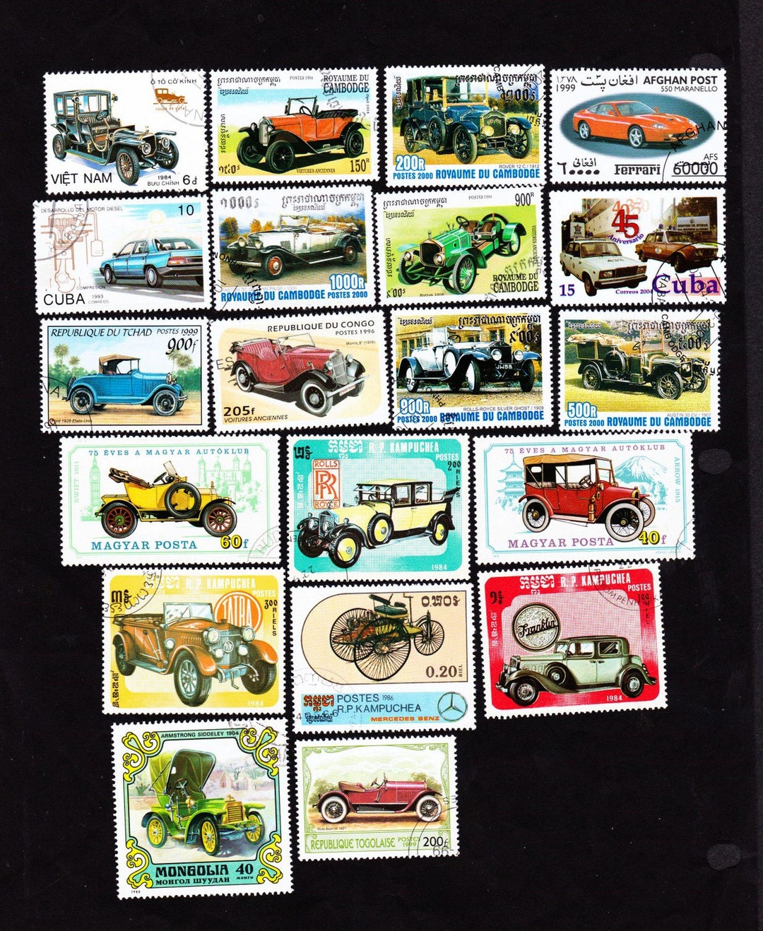 20 CLASSIC and ANTIQUE CARS Vintage Used World Postage Stamps Collector ...