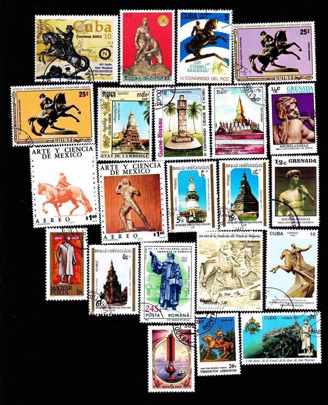 22 World MONUMENTS and STATUES Vintage Used World Postage Stamps ...