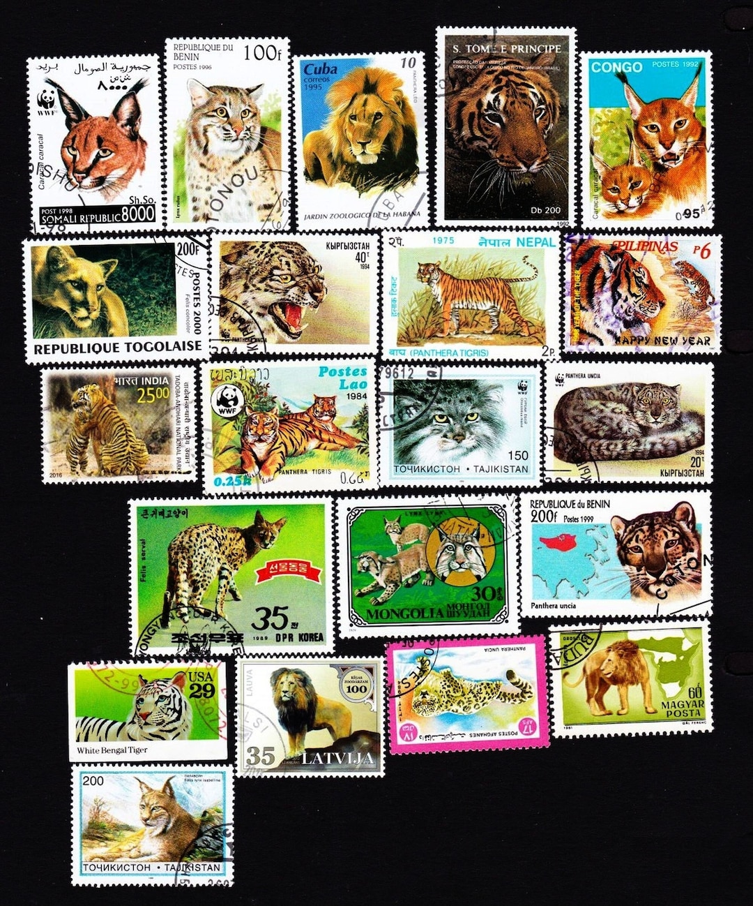 21 Wild Cats LIONS TIGERS Leopards Vintage Used Postage Stamps ...