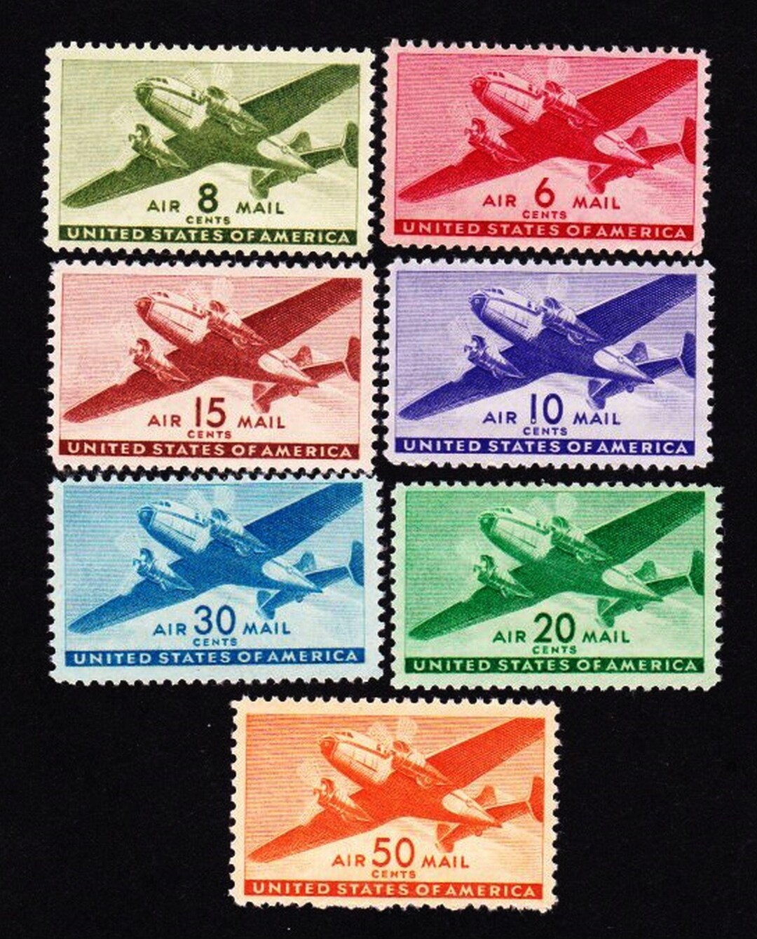 7 MINT TRANSPORT PLANES Airmail Postage Stamps Scarce Vintage 1941 Set ...