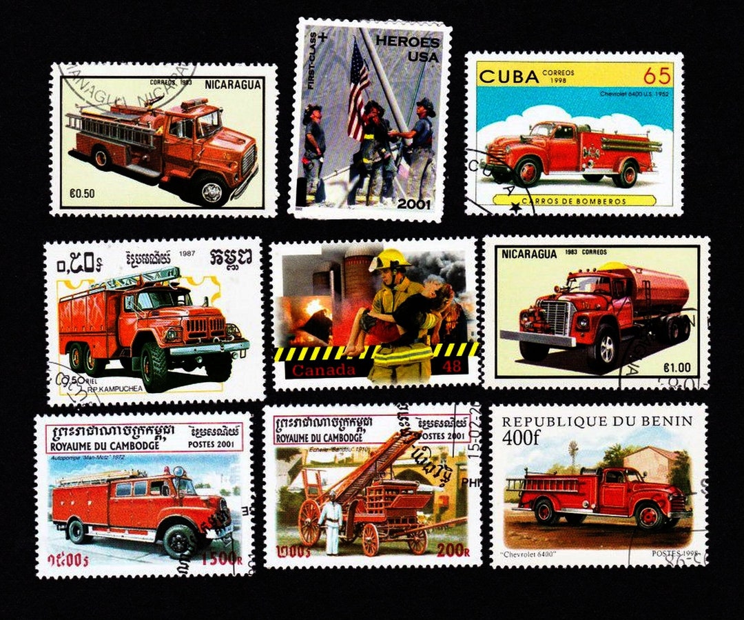 9 FIREMEN RESCUING CHILD Vintage World Postage Stamps, Makes a Great ...