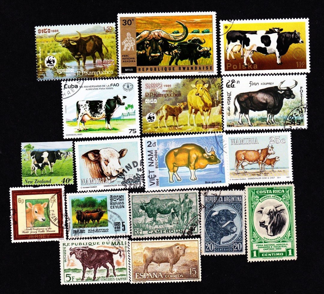 17 COWS BULLS CATTLE Steers Oxen of the World Vintage Used Postage Stamps Collector Set Stamp ...