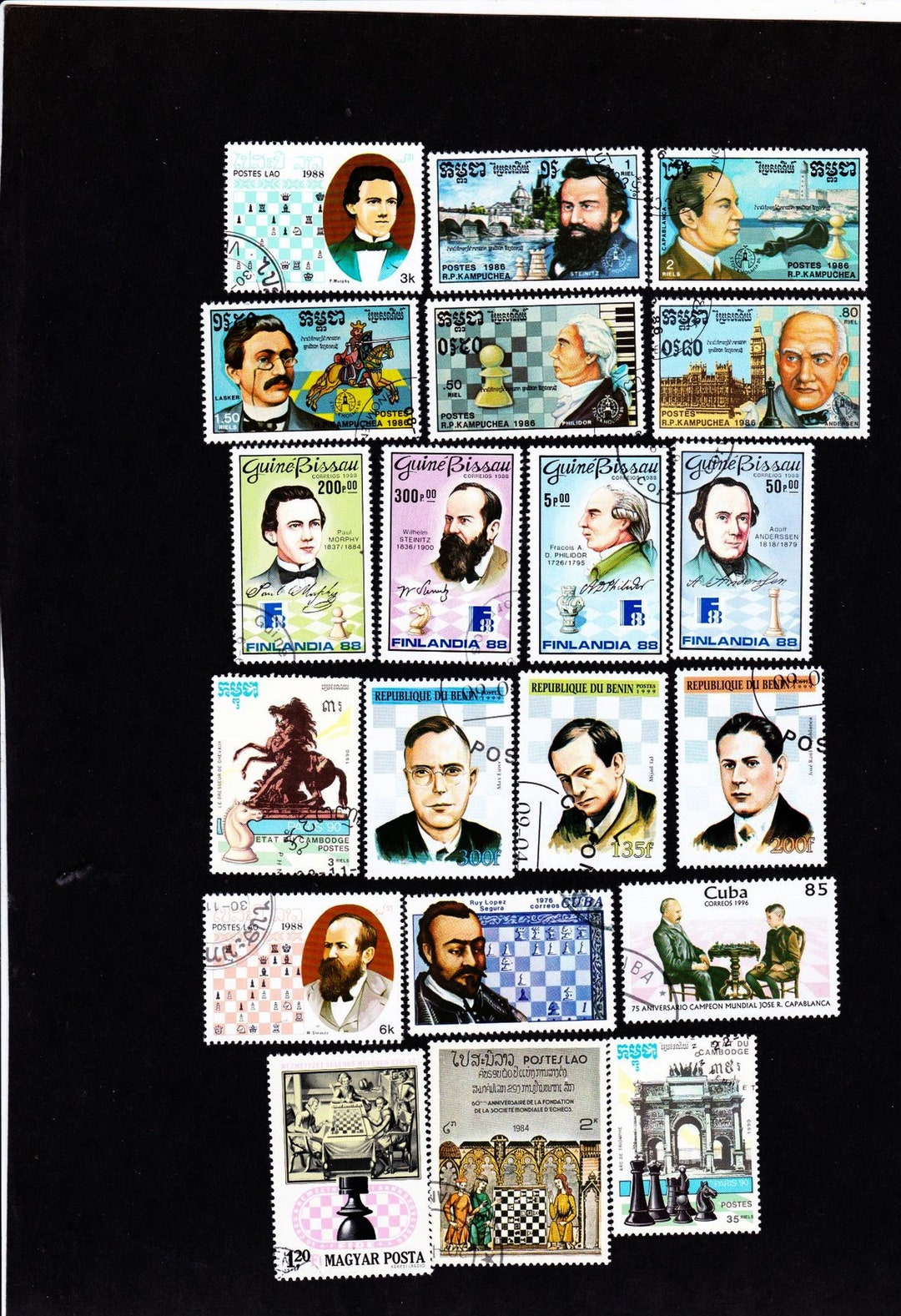 20 FAMOUS CHESS MASTERS Vintage Used World Postage Stamps Collector Set ...