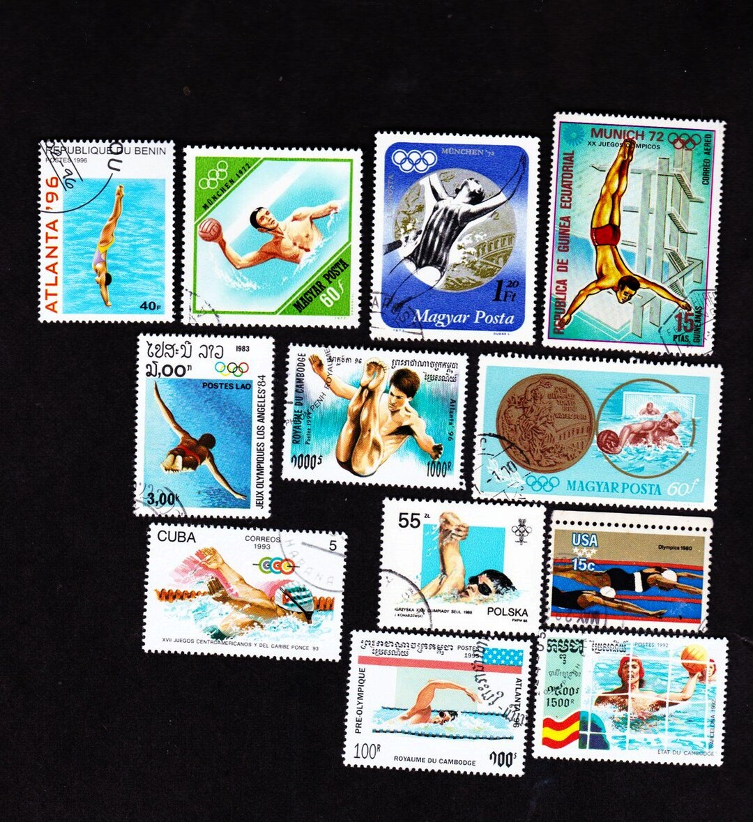 12 SWIMMING DIVING and Water Sports Vintage Used Cancelled Postage ...
