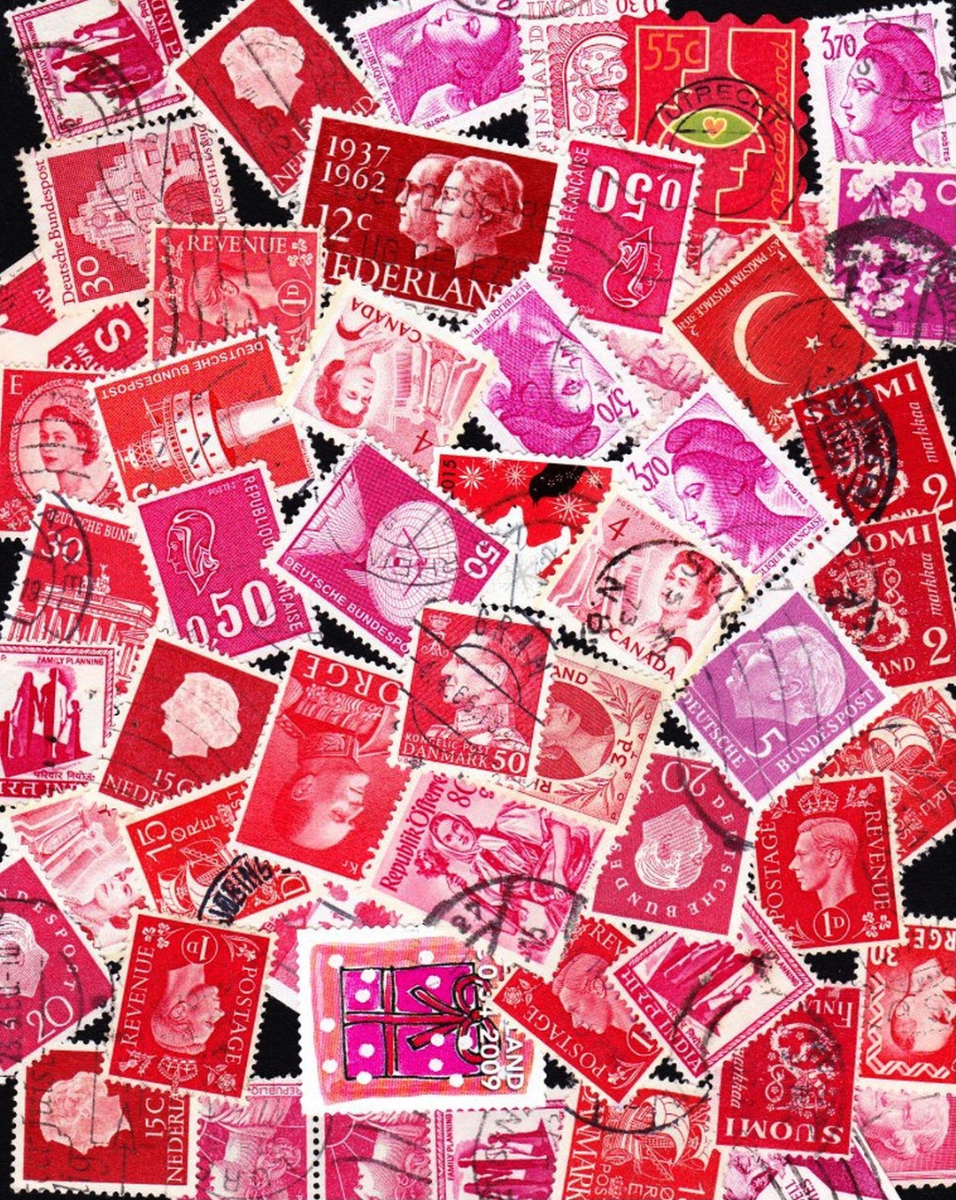 50 RED ROSE & BURGUNDY Shades Vintage Cancelled Craft Stamps for ...