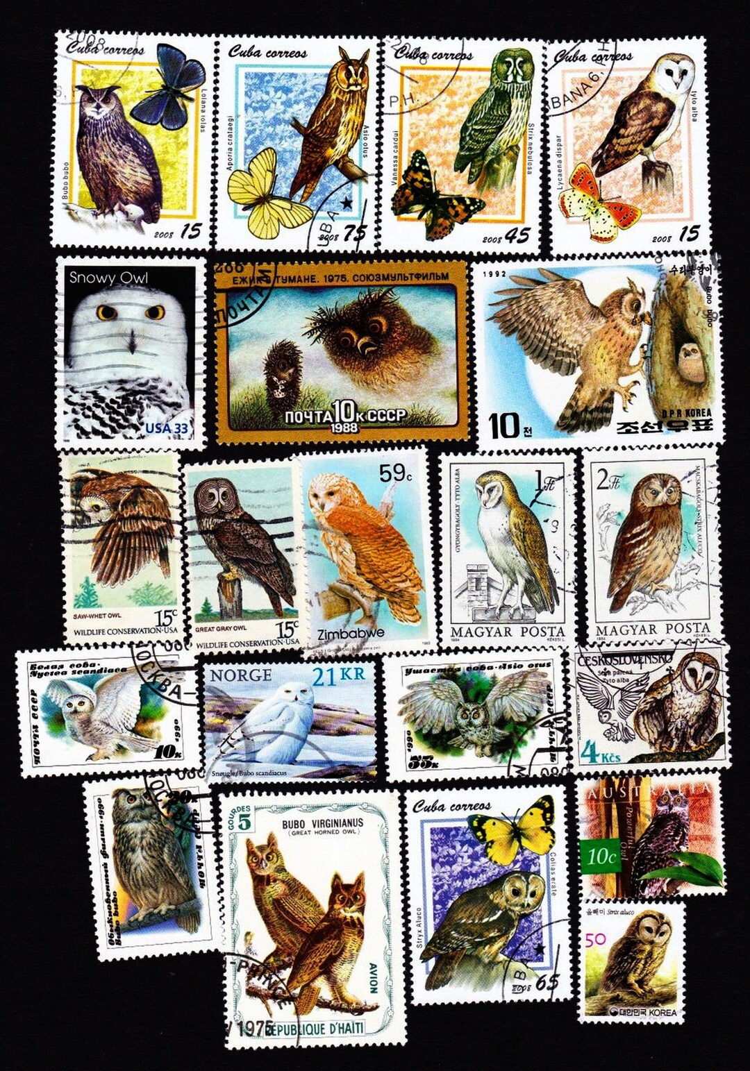 21 OWLS of the WORLD Night Birds Vintage Used World Postage Stamps ...
