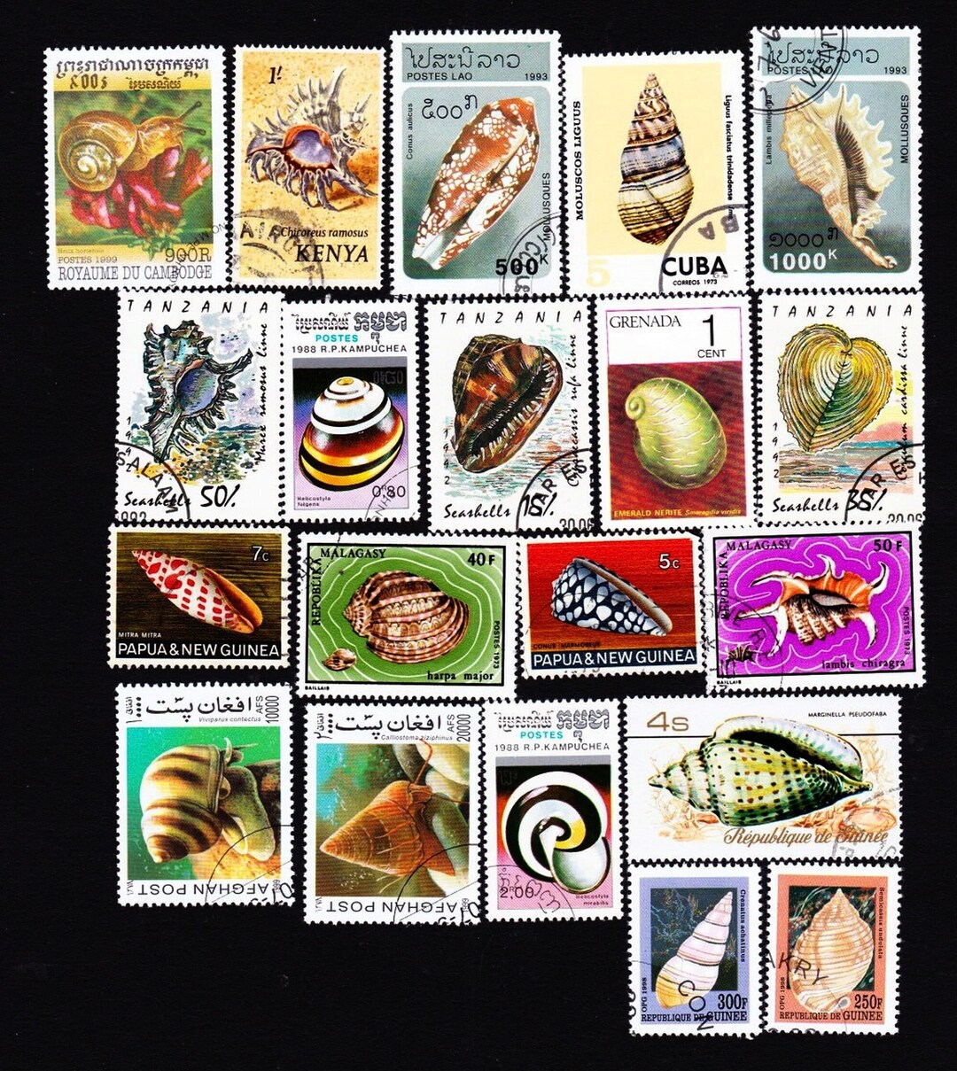 20 SEA SHELLS Vintage Cancelled World Postage Stamps Collector Set ...