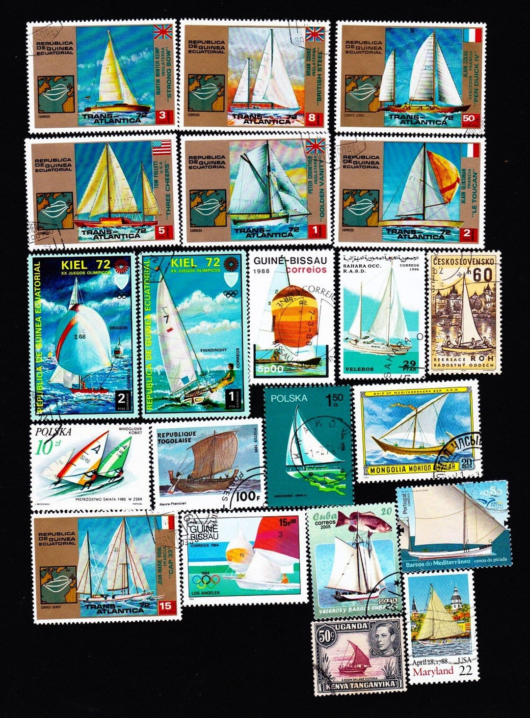 21 SAILBOATS Vintage Used Postage Stamps Collector Set Stamp Art ...