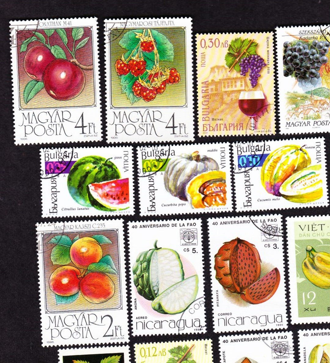 18 FRUITS & VEGETABLES and NUTS World Vintage Cancelled Postage Stamps ...
