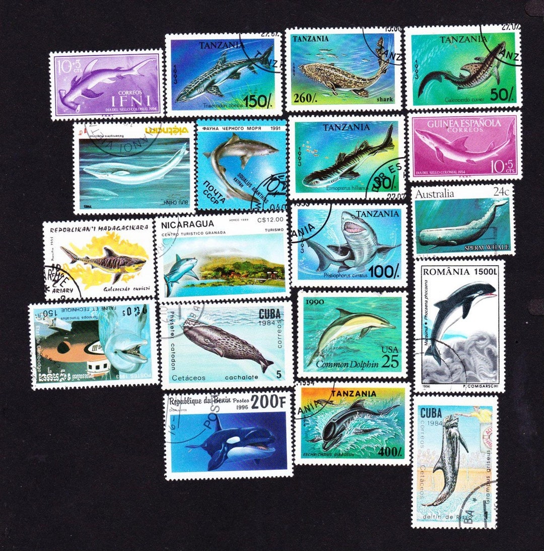 19 WHALES SHARKS PORPOISES Dolphins Vintage Used World Postage Stamps ...